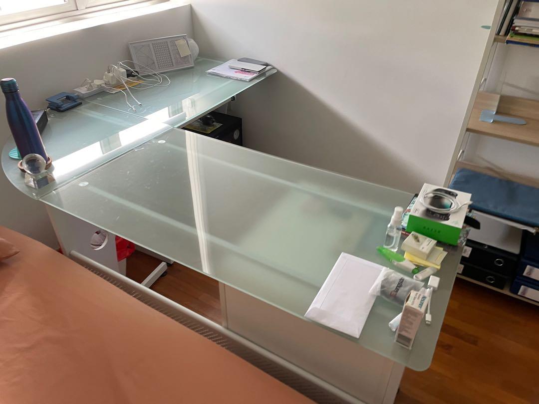 VHIVE L shape glass panel table, Furniture & Home Living, Furniture ...