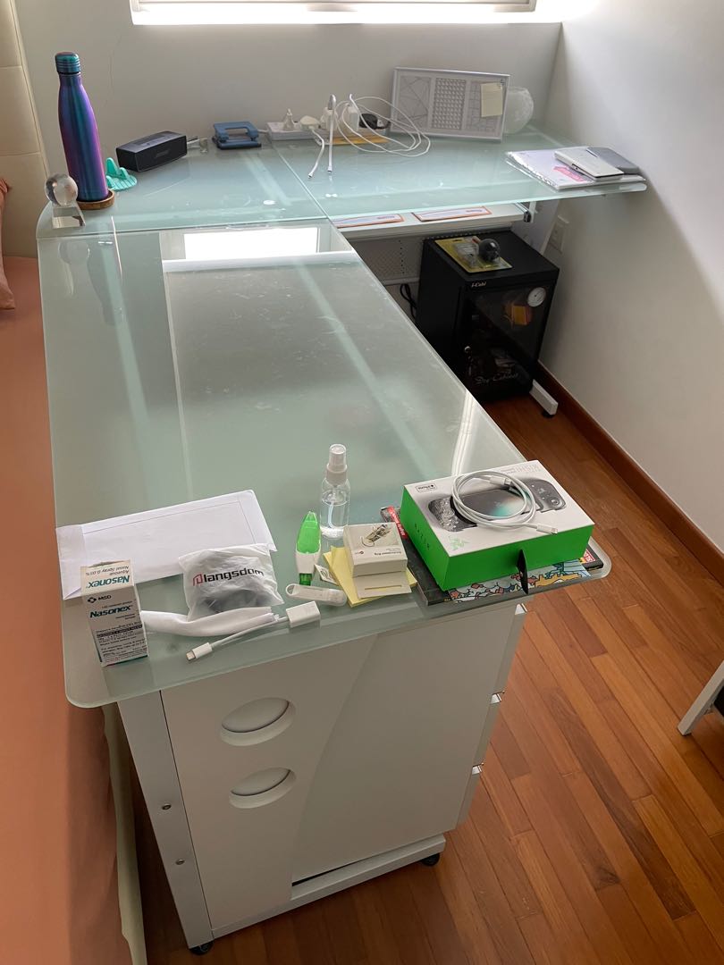 VHIVE L shape glass panel table, Furniture & Home Living, Furniture ...