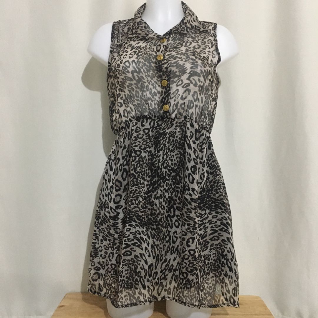 Leopard animal print sheer see-through top collared with collar ...