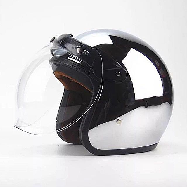 Silver Chrome Reflective Motorcycle Helmet Three Button Retro Open Face ...