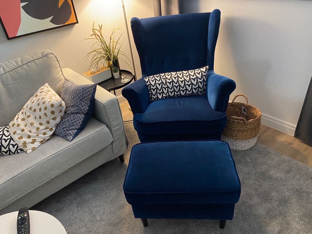 Ikea Strandmon Blue Suede, Furniture & Home Living, Furniture, Chairs ...