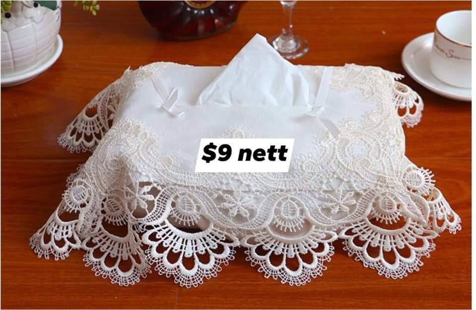 LACY Lace Tissue Box cover (white/ off white/brown), Furniture & Home ...