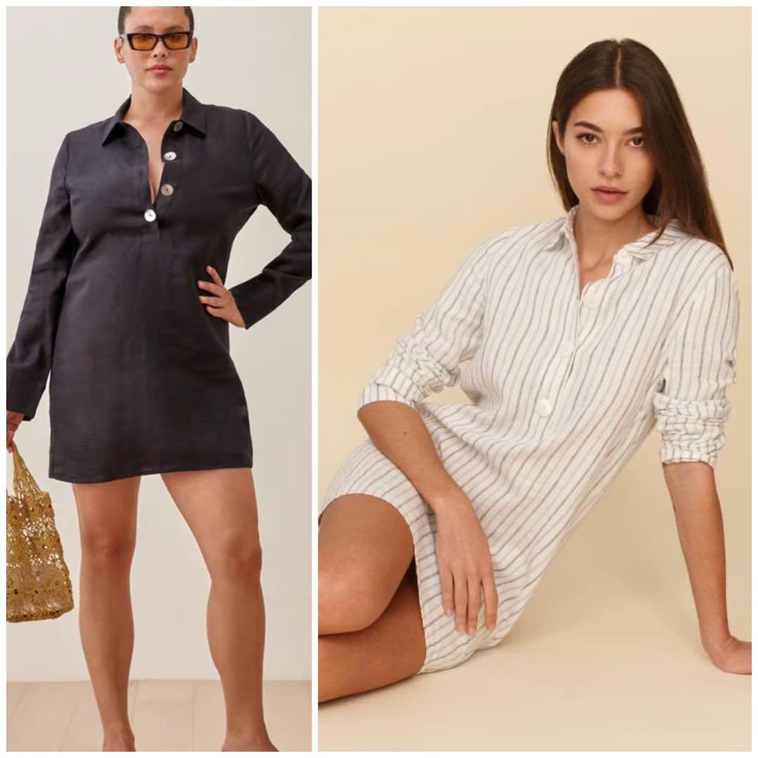 Reformation Malcom Linen Mini Dress authentic, black and jersey stripes ...