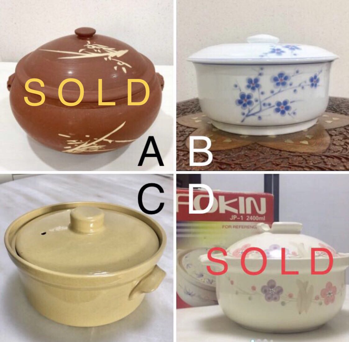 A. Yunan Funnel Steaming Pot B. 8" Ceramic Casserole C. 7” Ceramic ...