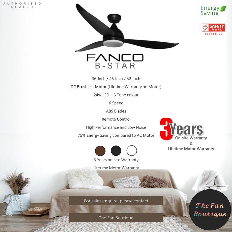 [4-Years Warranty] Fanco B-Star 36" / 46" / 52" DC Motor Ceiling Fan ...