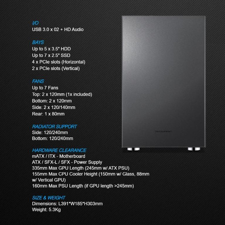 TECWARE FUSION HORIZON CASE PC CASING MATX ITX MINI-ITX CAN USE ATX PSU ...