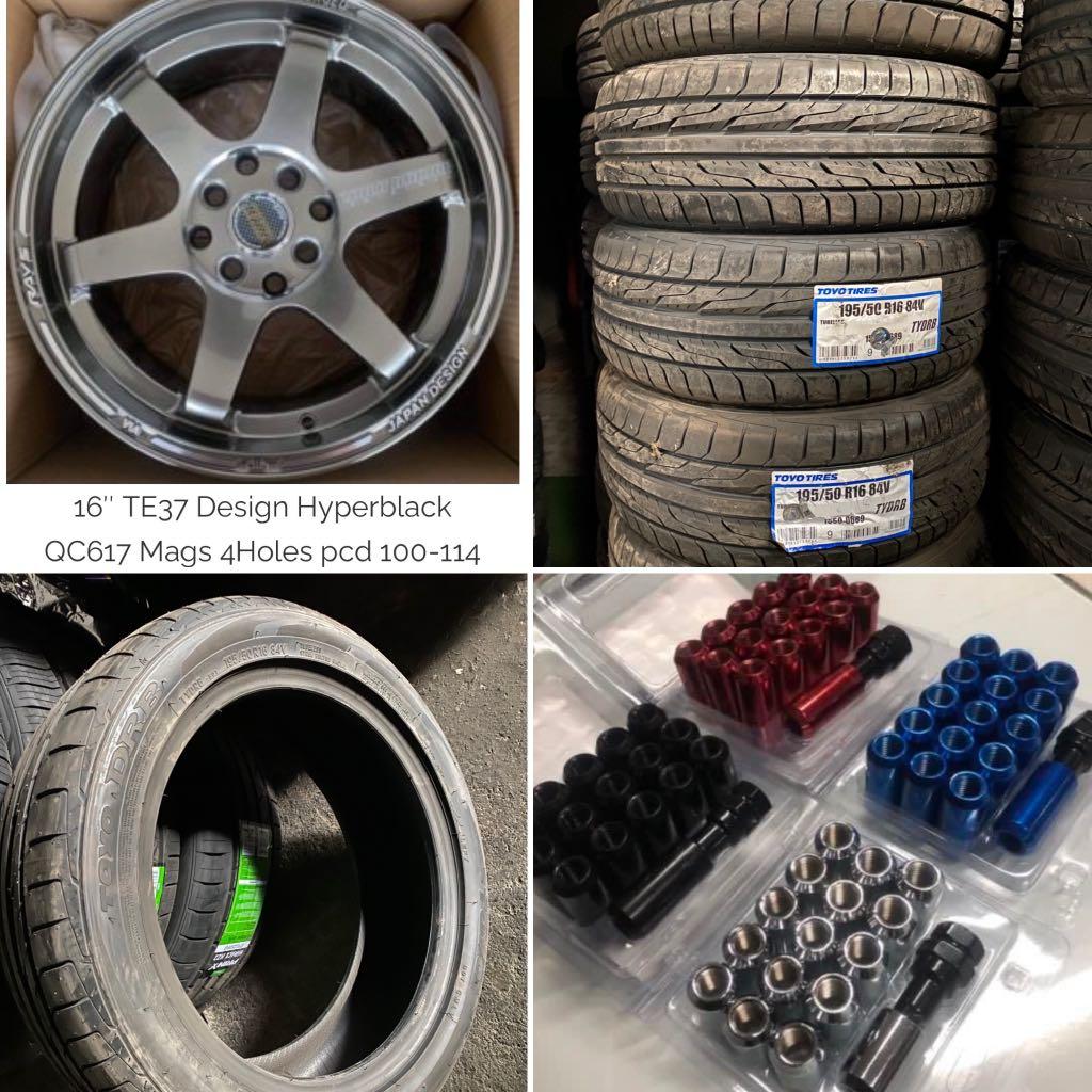 16" Te37 Ultra hyperblack design mags 4Holes pcd 100 with 195-50-r16 ...