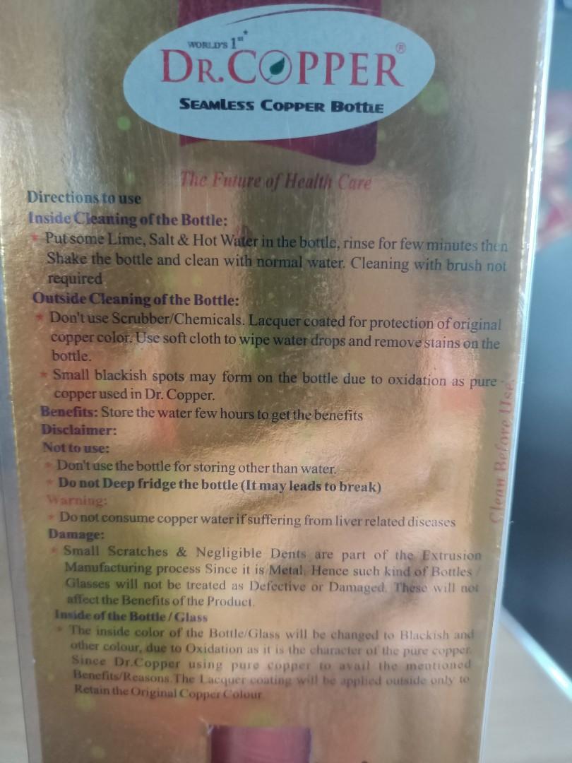 Dr Copper pure copper bottle drink 1L, Furniture & Home Living ...