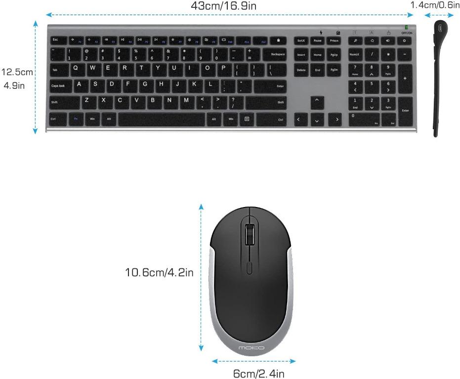 MoKo Slim 2.4G Keyboard + Mouse, Ultra Thin Universal Rechargeable Full ...