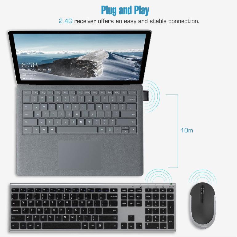 MoKo Slim 2.4G Keyboard + Mouse, Ultra Thin Universal Rechargeable Full ...
