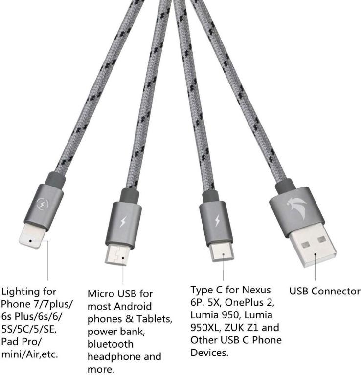 3 in 1 Stranded multi-charge cable connector (GREY), Computers & Tech ...