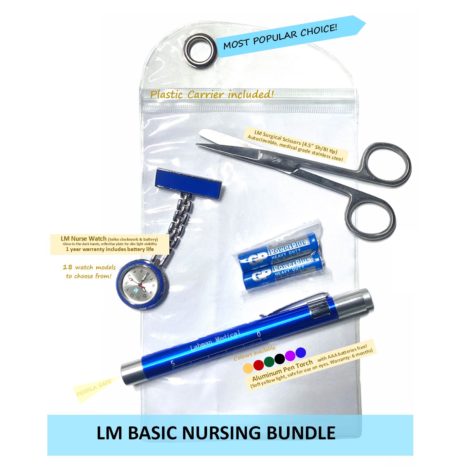Basic Nurse Bundle (Nursing Scissors + Nurse Watch + Medical Pen Torch + warranty!) by Labman ...