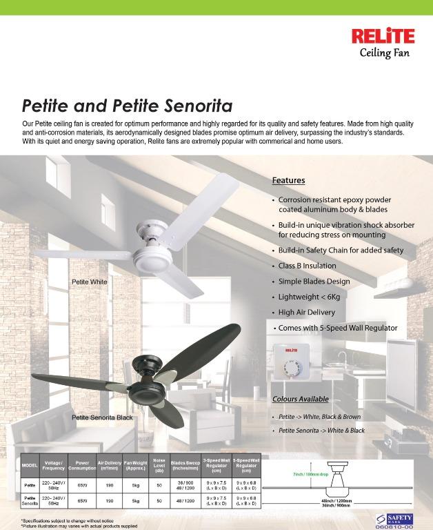 RELITE Petite 48" Powerful AC Motor Ceiling Fan with 5-Speed Wall ...