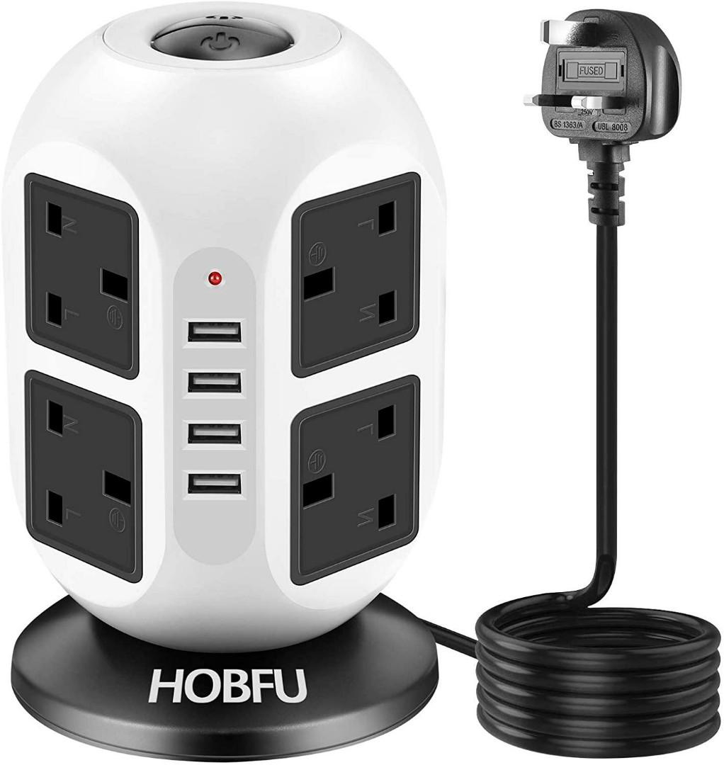 Extension Lead Tower, Power Strip with 4 USB Ports 8 Way Outlets, Multi ...