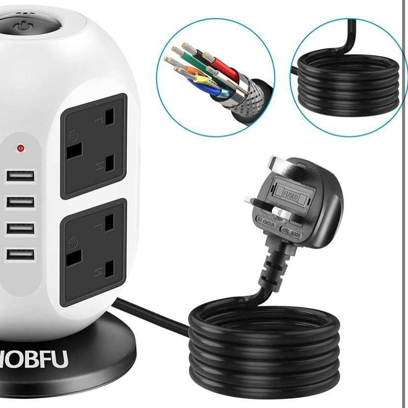 Extension Lead Tower, Power Strip with 4 USB Ports 8 Way Outlets, Multi ...
