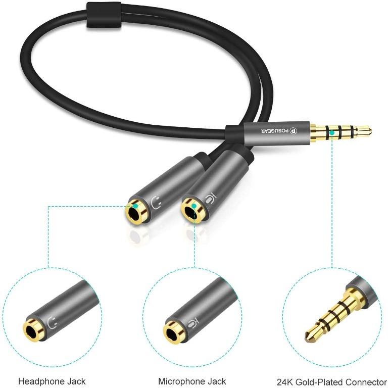 Headphone Mic Splitters Adapter, POSUGEAR 3.5mm Male to 2 Dual 3.5mm ...