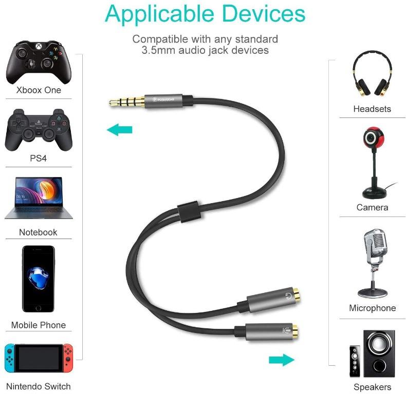 Headphone Mic Splitters Adapter, POSUGEAR 3.5mm Male to 2 Dual 3.5mm ...