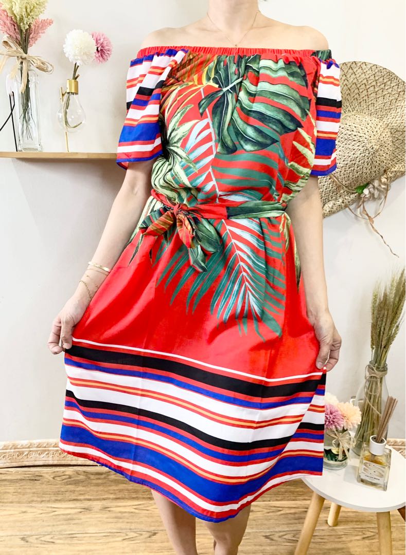 Korean off shoulder red dress with belt, Women's Fashion, Dresses ...