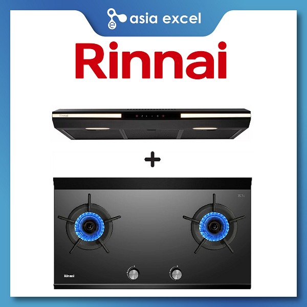 RINNAI RH-S3059-PBW 90CM BLACK SLIMLINE HOOD + RINNAI RB-2CGN 2 BURNER INNER FLAME GAS HOB, TV ...