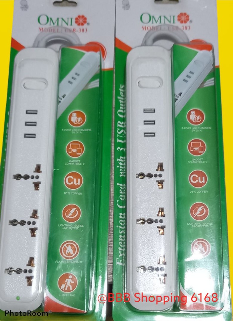 OMNI Extension Cord with 3 USB Outlets Model USB-303 6Ft, TV & Home ...