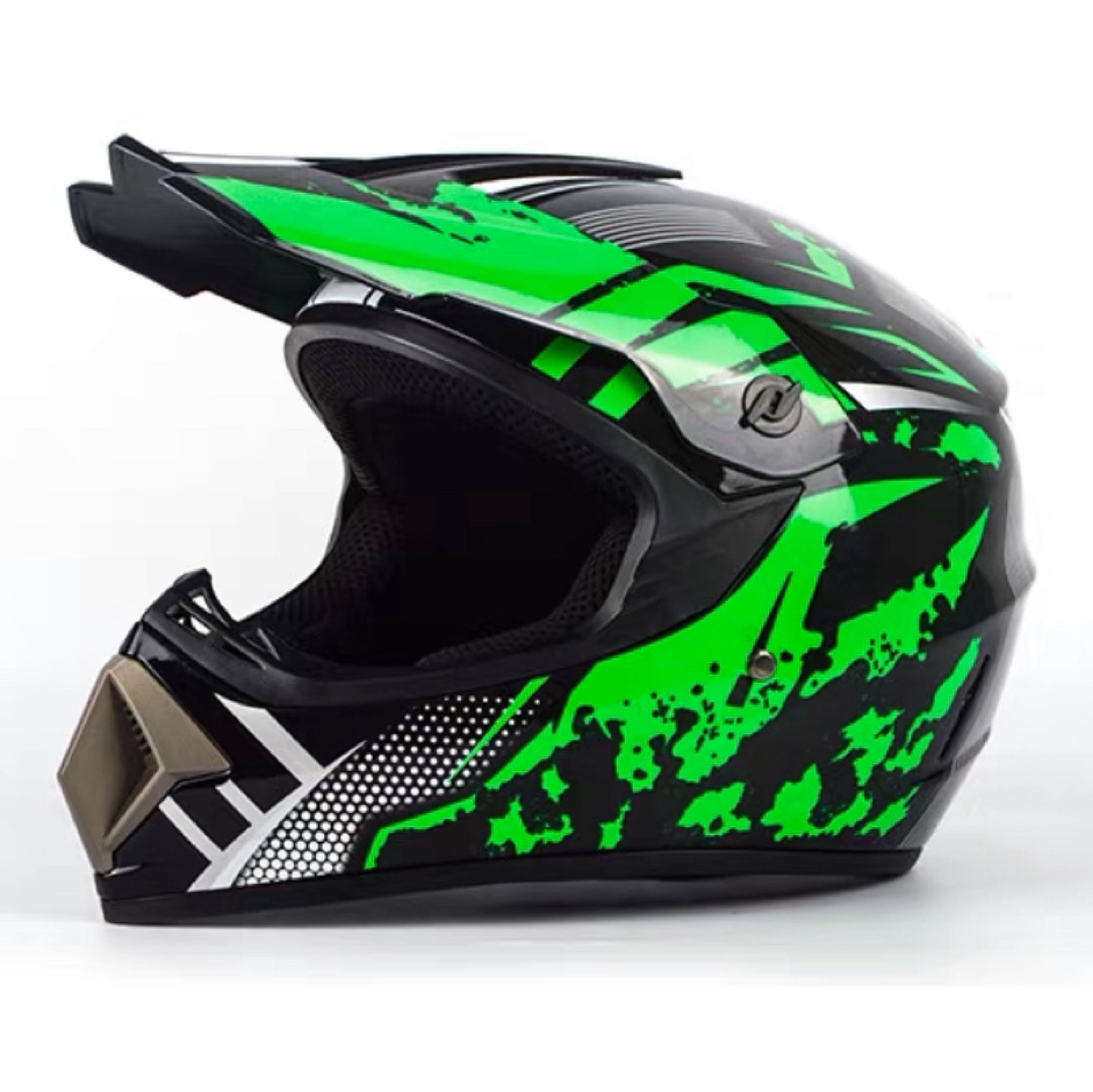Black with Green Designs Full Face Motorcycle Helmet Scrambler ...