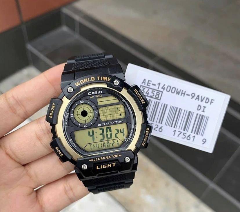 Casio Illuminator AE-1400WH-9A Digital Quartz Watch AE1400WH-9A Black Strap AE1400 Gold Brand ...