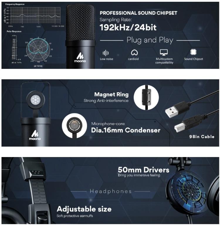 Maono AU-A04H USB Microphone Set with Studio Headphone Set, Audio ...