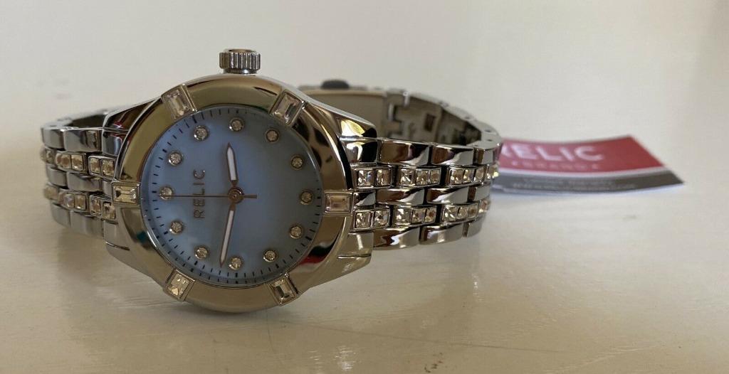 RELIC MIKAELA BLUE DIAL CRYSTALS GLITZ SILVER-TONE WATCH $70 ZR34352 ...
