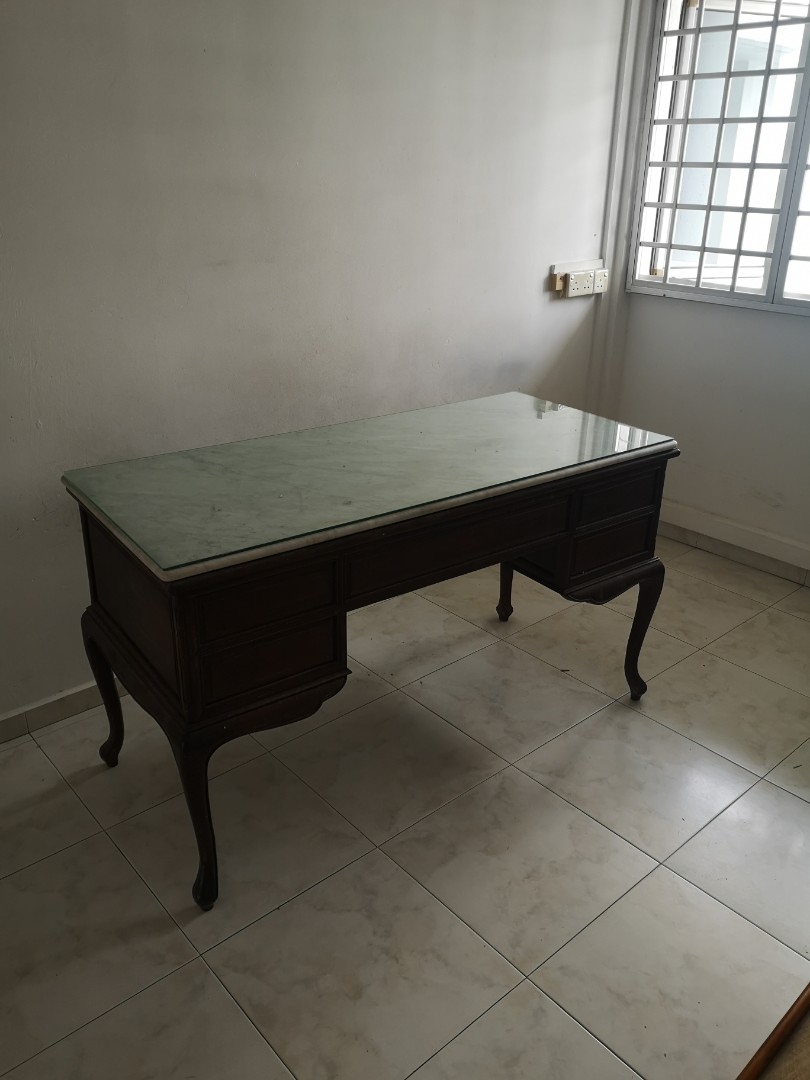 Antique Study Table with Marble Top and Glass, Furniture & Home Living ...