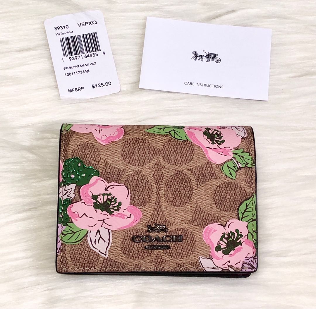 Coach Small Snap Wallet in Signature Canvas with Blossom Print, Women's ...