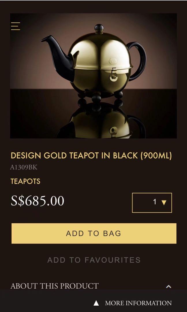 TWG Tea Design Gold Teapot in Black (900ml), Furniture & Home Living ...