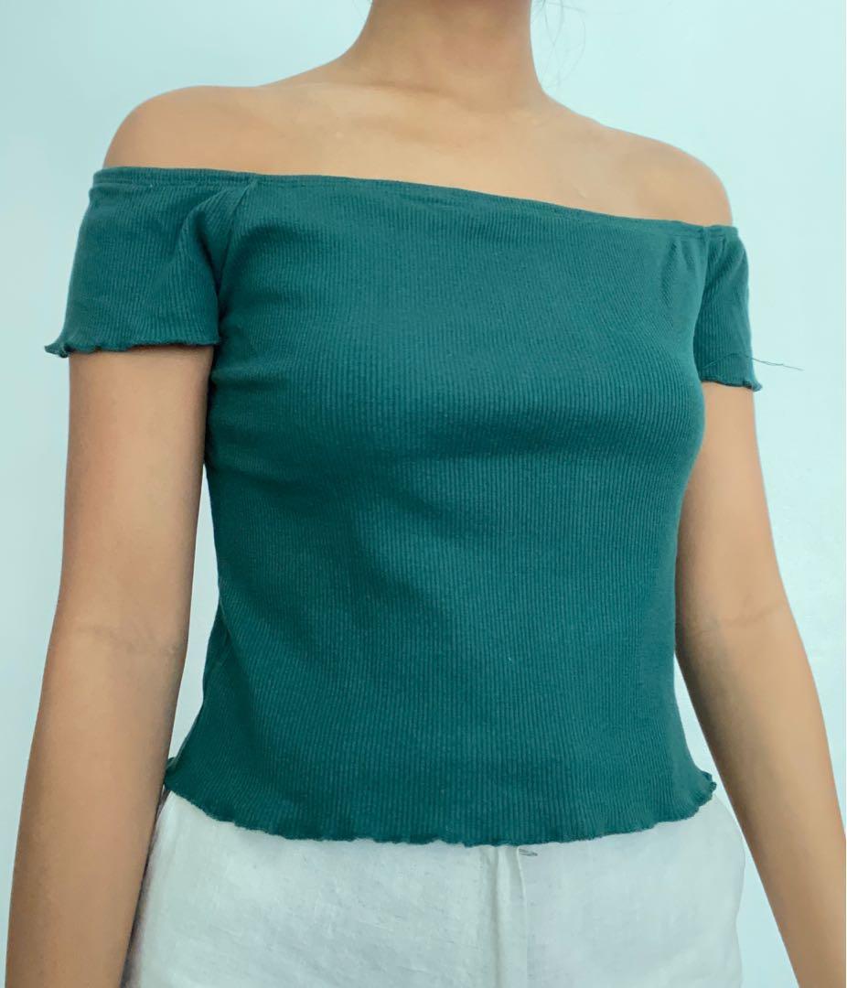 dark green off shoulder, Women's Fashion, Tops, Blouses on Carousell