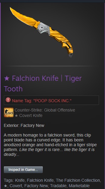 Falchion Knife Tiger Tooth FN, Video Gaming, Gaming Accessories, Game ...