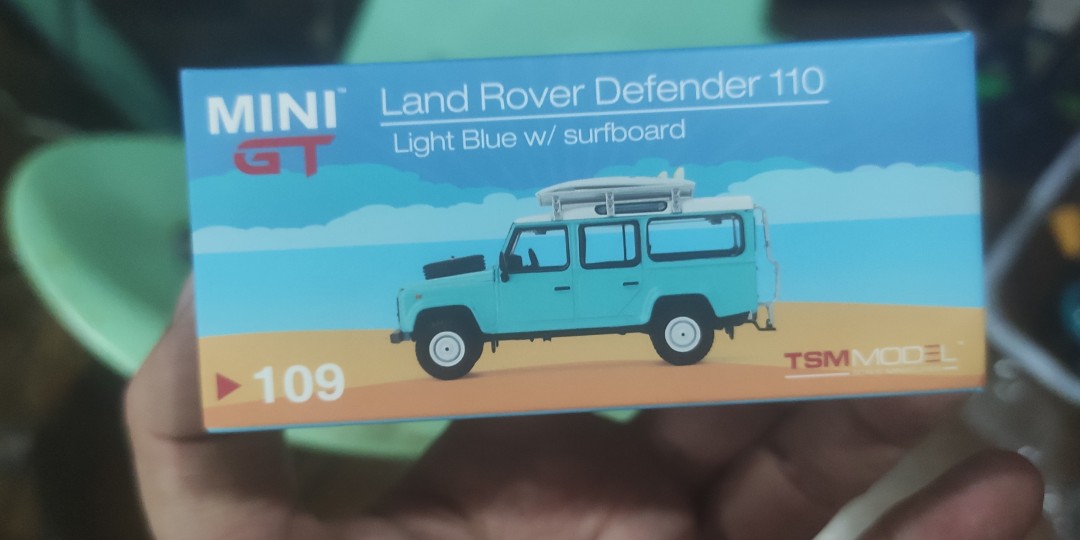 Mini Gt land Rover Defender Light blue with Surf Board, Hobbies & Toys ...