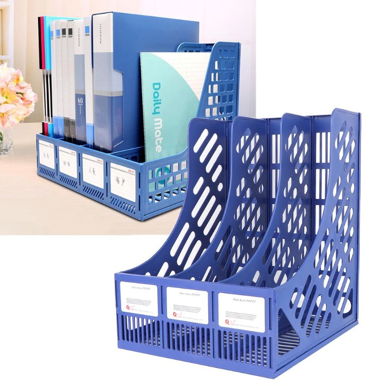 Document Holder Blue 3-Grid File Organizer Plastic Desktop Storage ...