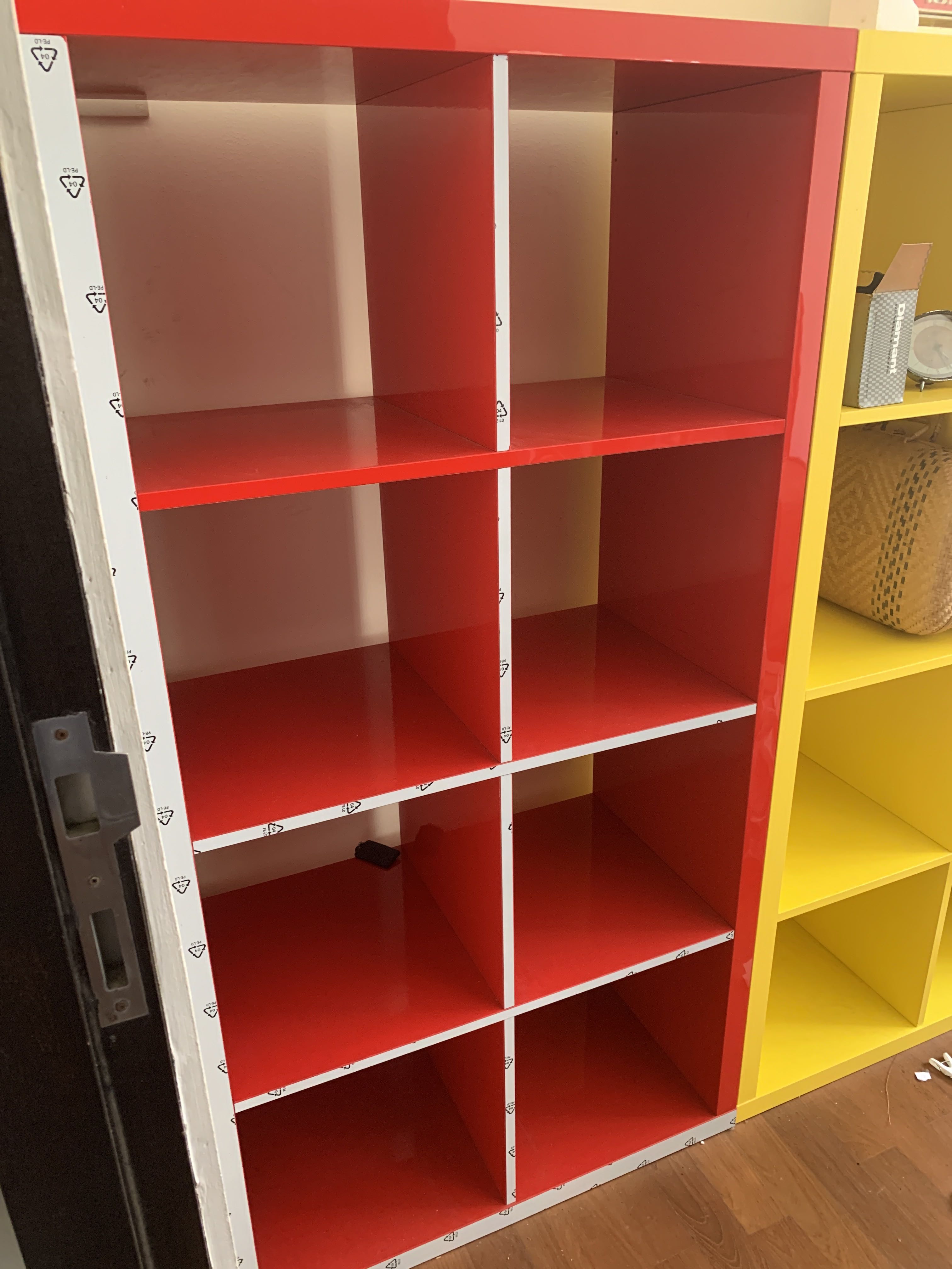 Red IKEA Kallax shelf 4x4, Furniture, Shelves & Drawers on Carousell
