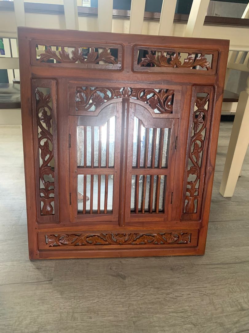 Vintage Balinese carved wood window mirror, Furniture & Home Living ...