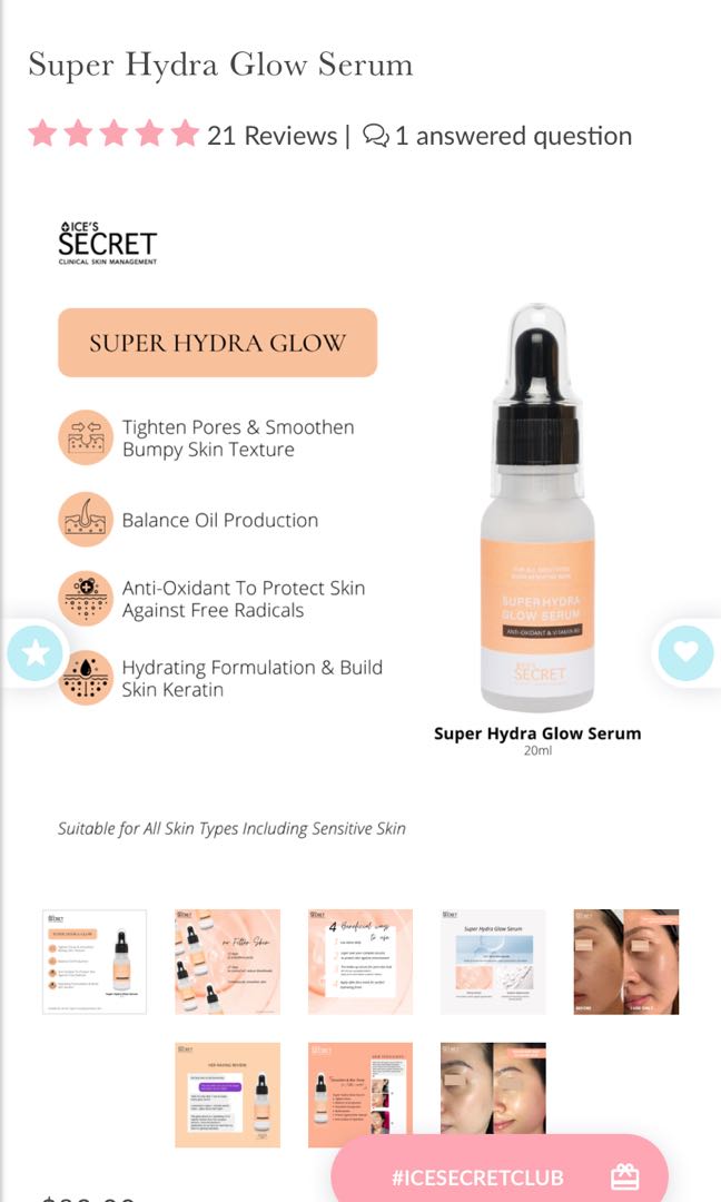 Ice’s secret Super Hydra Glow Serum 20ml, Beauty & Personal Care, Face ...