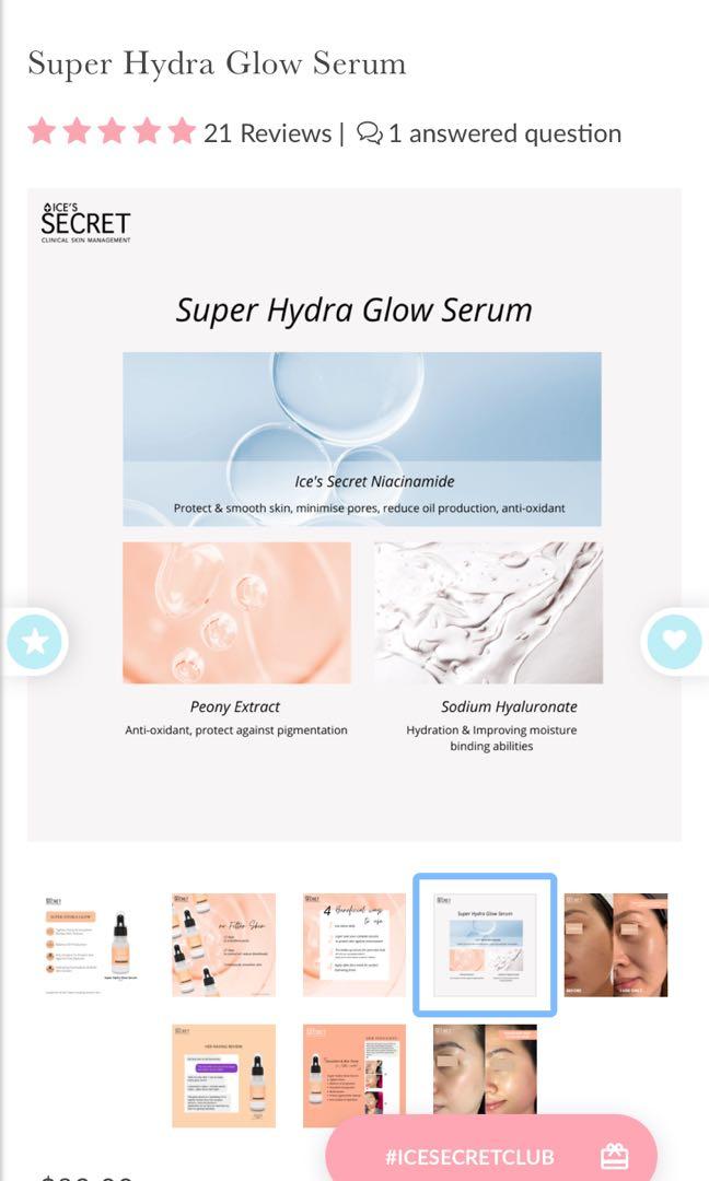 Ice’s secret Super Hydra Glow Serum 20ml, Beauty & Personal Care, Face ...