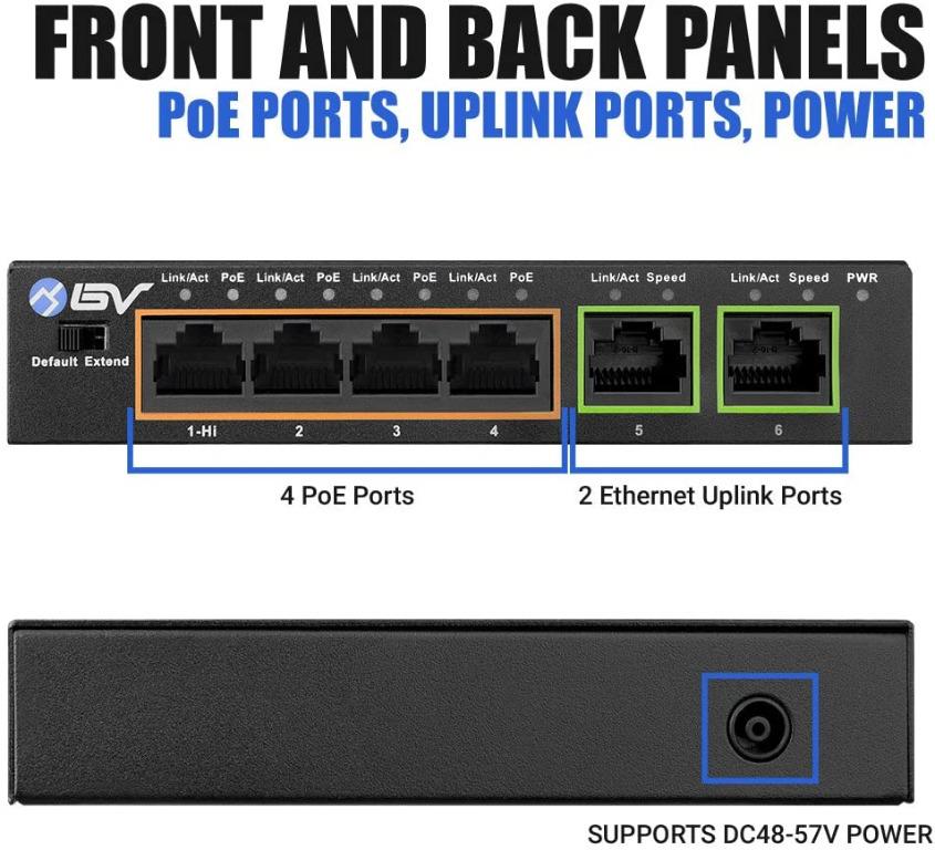 FreeDelivery BV-Tech 6 Port PoE+ Switch (4 PoE+ Ports with 2 Ethernet ...