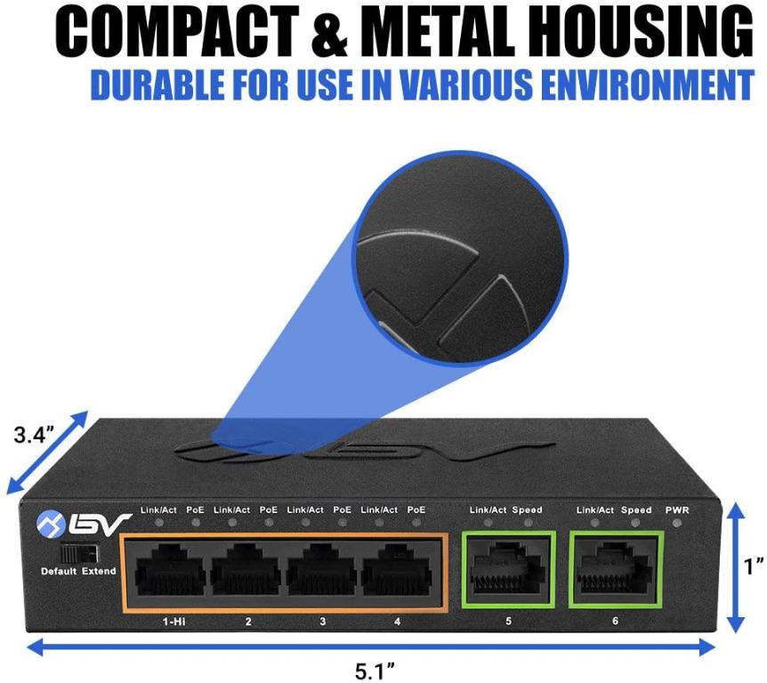 FreeDelivery BV-Tech 6 Port PoE+ Switch (4 PoE+ Ports with 2 Ethernet ...