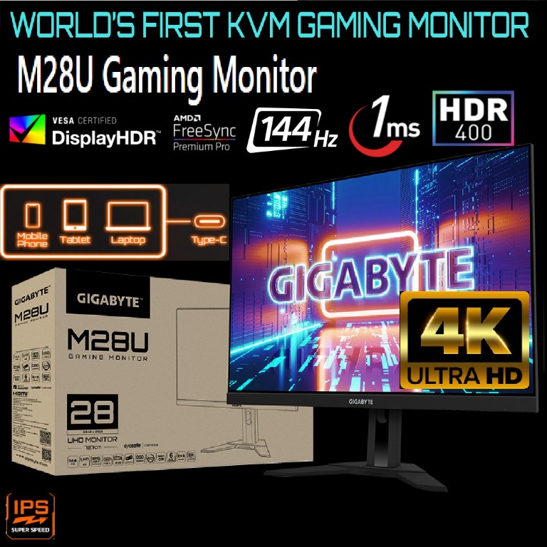 GIGABYTE M28U KVM 28Inc 4K UHD 144Hz 1ms GTG, AMD® FreeSync™, 8 Bit IPS ...