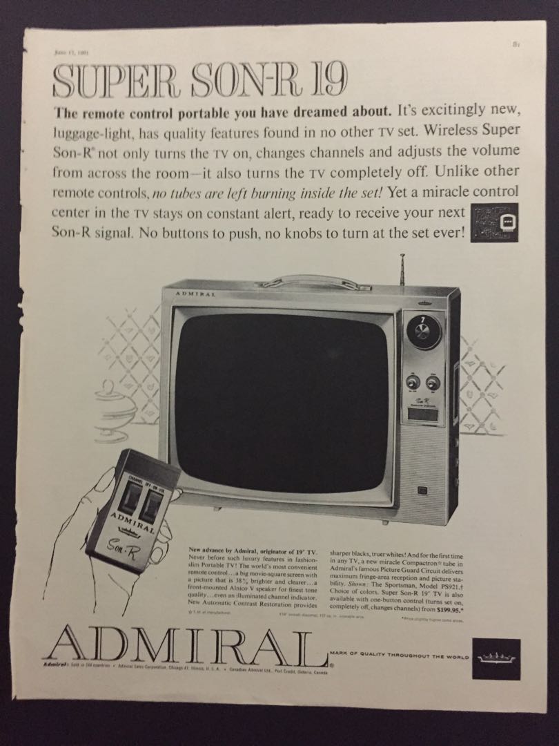 ADMIRAL TV 1961 Vintage Ad Advert Collectible, Hobbies & Toys ...