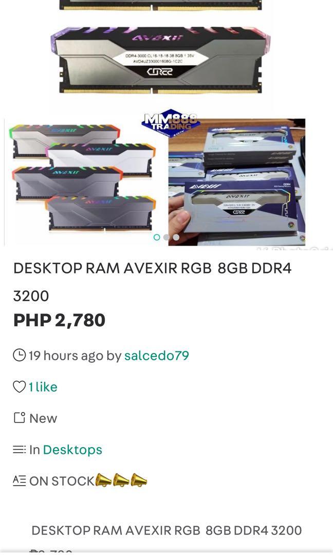 DESKTOP RAM AVEXIR RGB DDR4 (3200), Computers & Tech, Parts ...