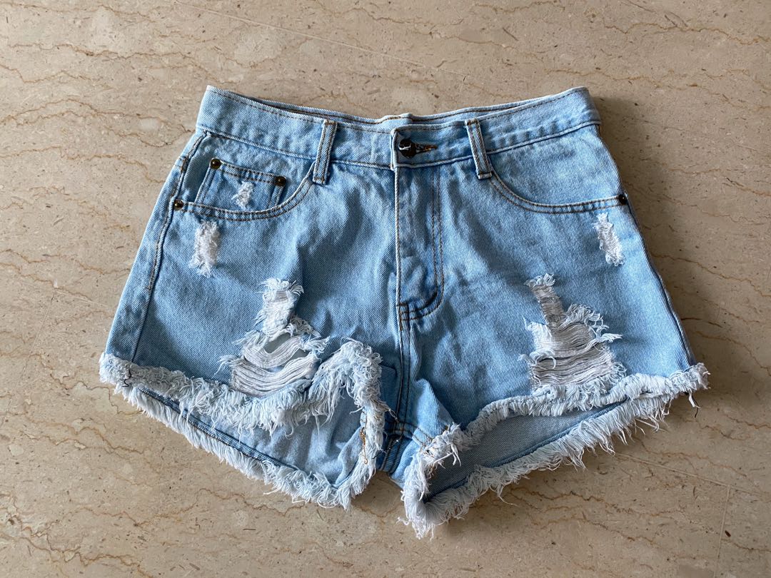 light blue ripped denim shorts, Women's Fashion, Bottoms, Jeans ...