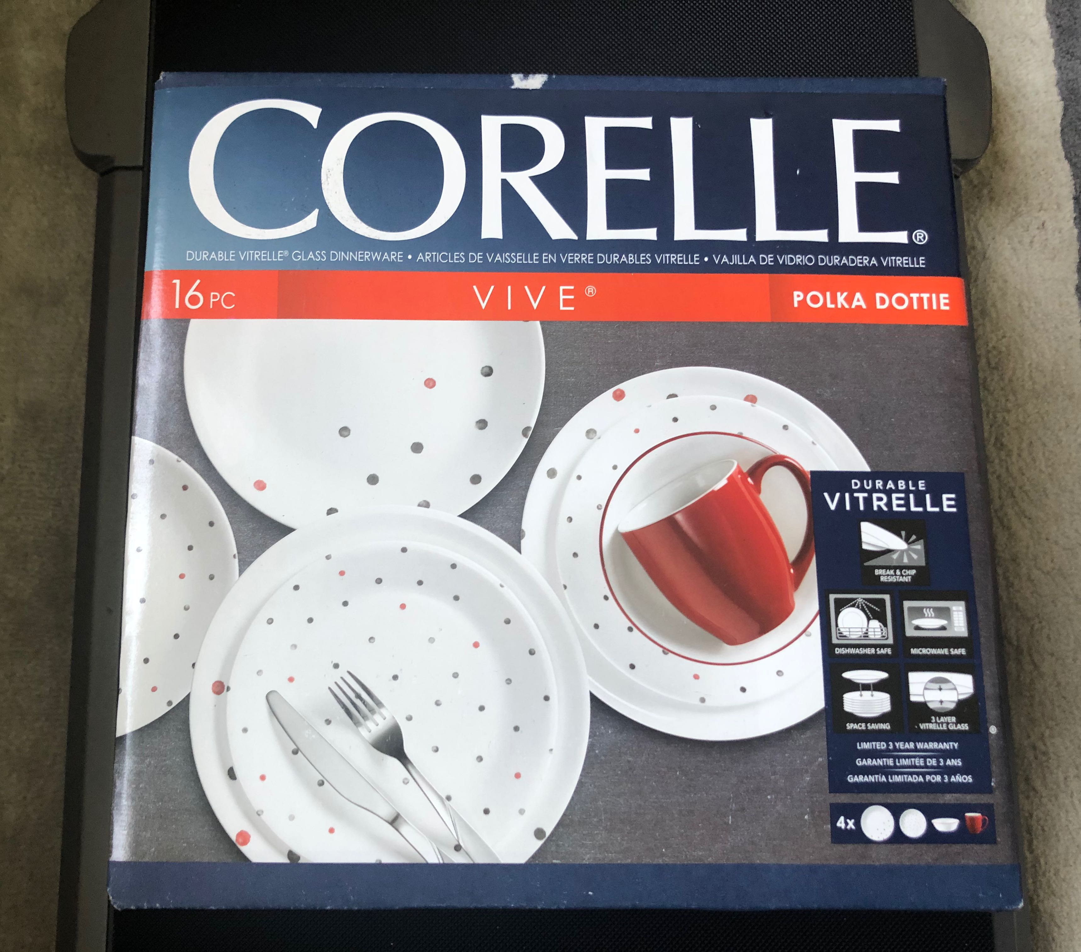 Corelle Vive 16 Piece Glass Polka Dottie Dinnerware Set, Furniture ...