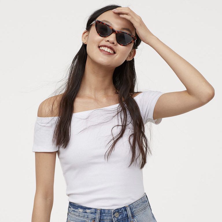 H&M baju off shoulder putih sabrina ribbed top, Fesyen Wanita, Pakaian ...