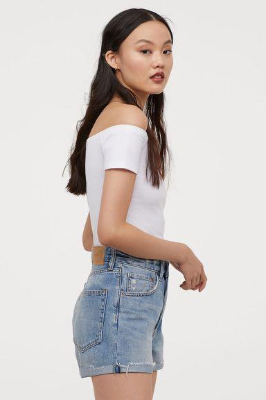 H&M baju off shoulder putih sabrina ribbed top, Fesyen Wanita, Pakaian ...