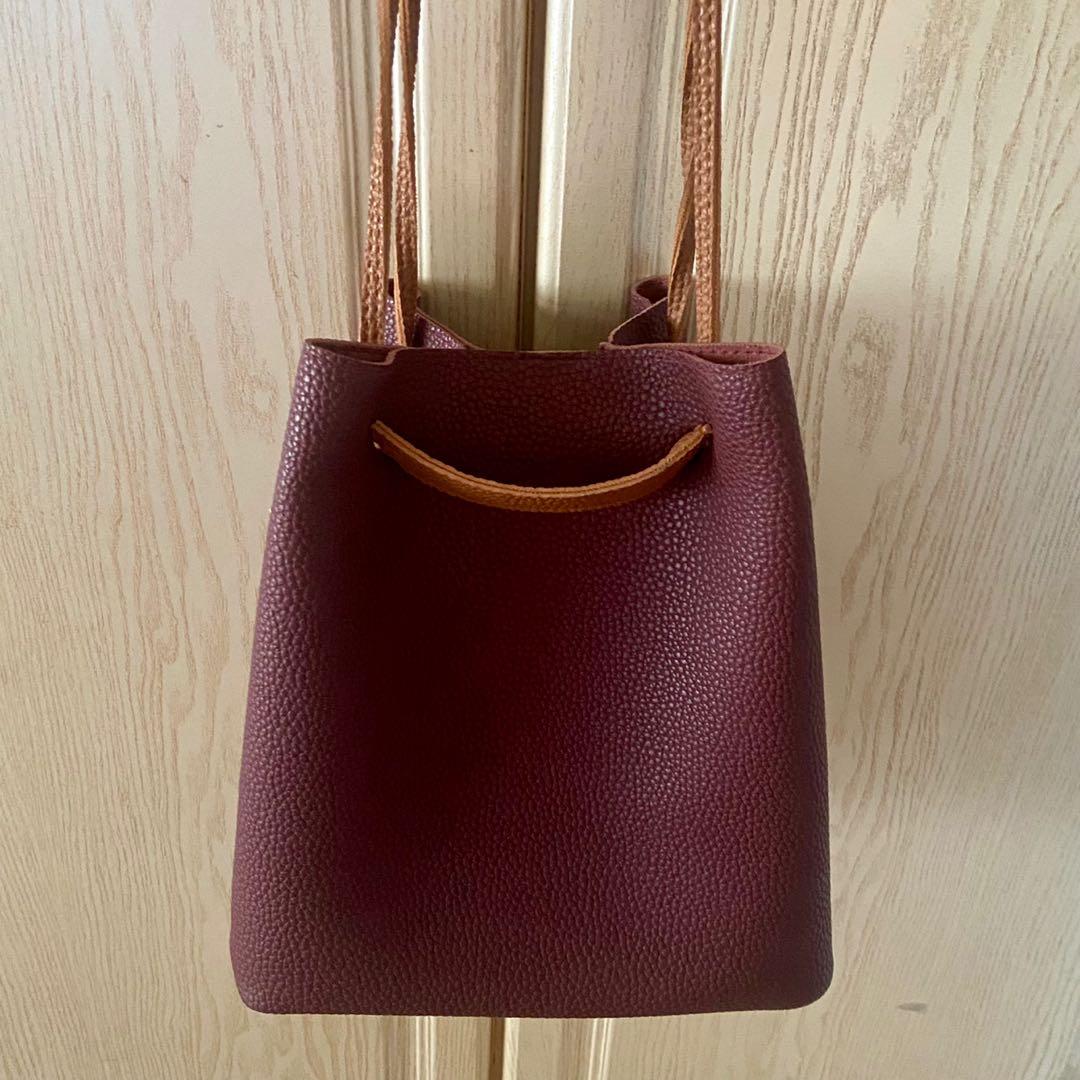 Maroon PVC leather Sling Bucket Bag ️, Women's Fashion, Bags & Wallets ...