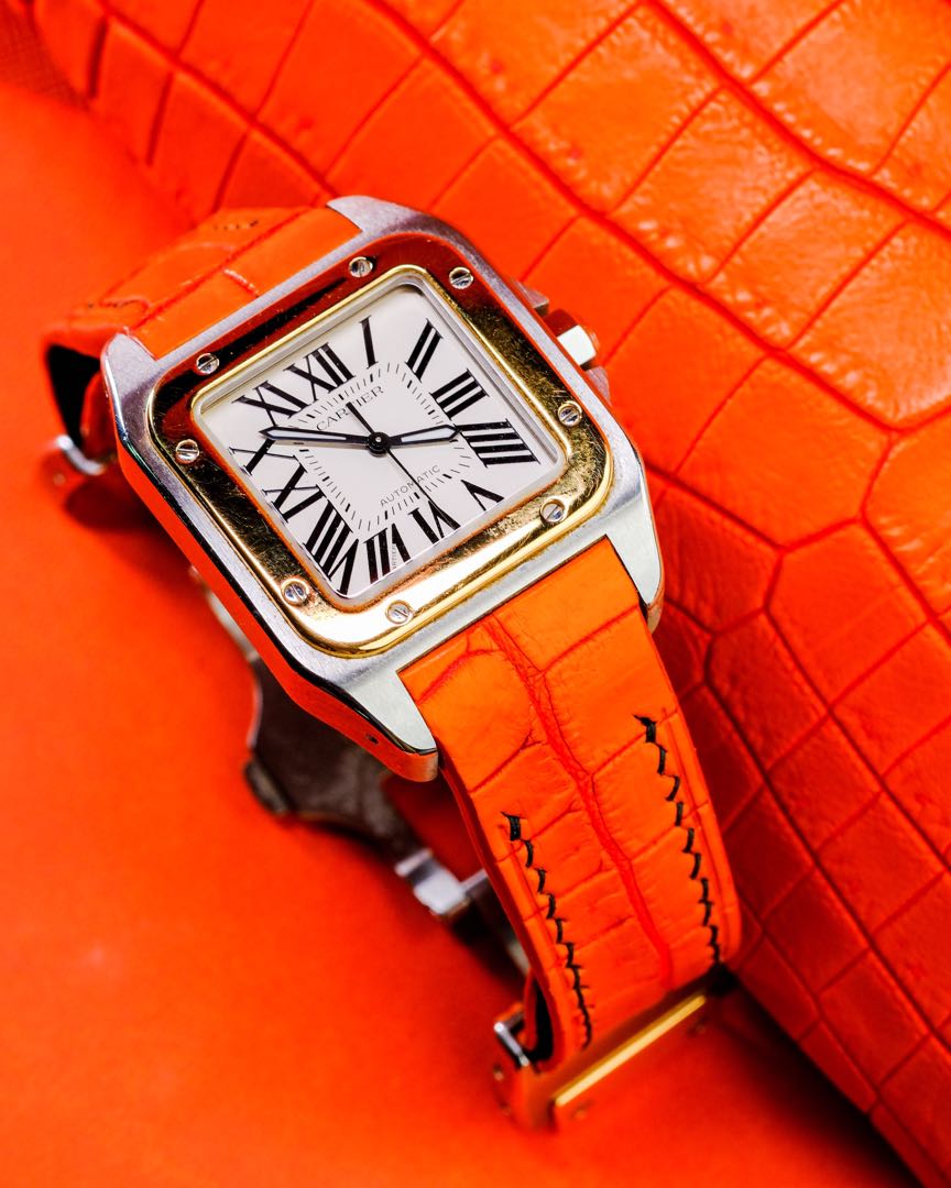 Handmade Handstitched Watch Strap In Volcano Orange Crocodile Leather ...